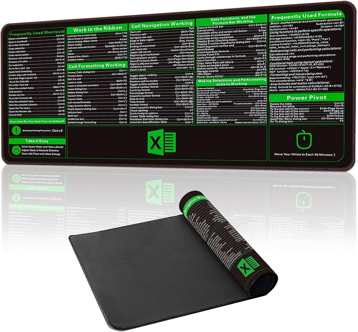 Excel Cheat Sheet Desk Pad,Excel Shortcuts Mousepad,35.4”x15.7”Extra-Large Waterproof Stitched ...