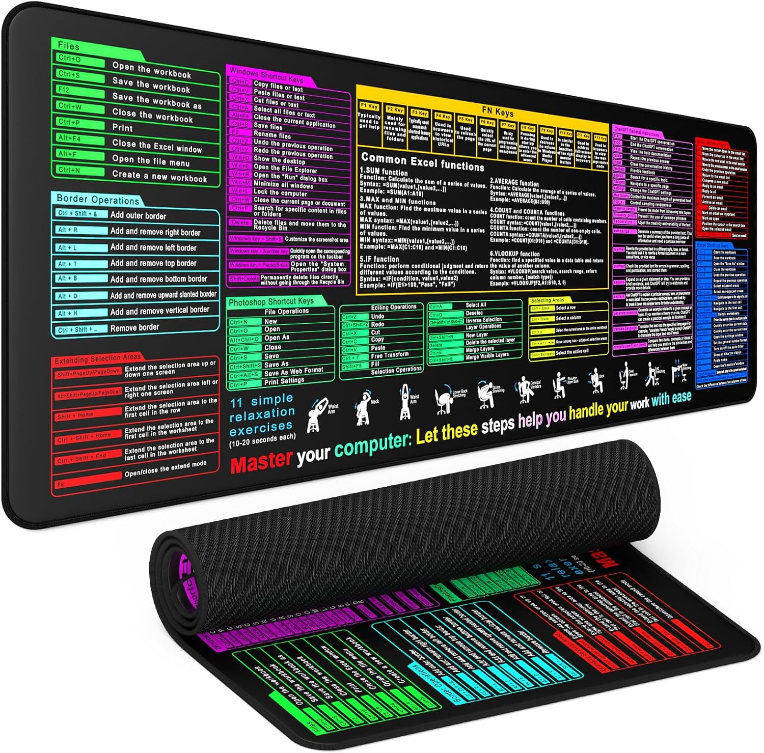 Excel Cheat Sheet Desk Pad - Large 31.5" x 11.8" - Waterproof Excel Shortcuts Mousepad with ...