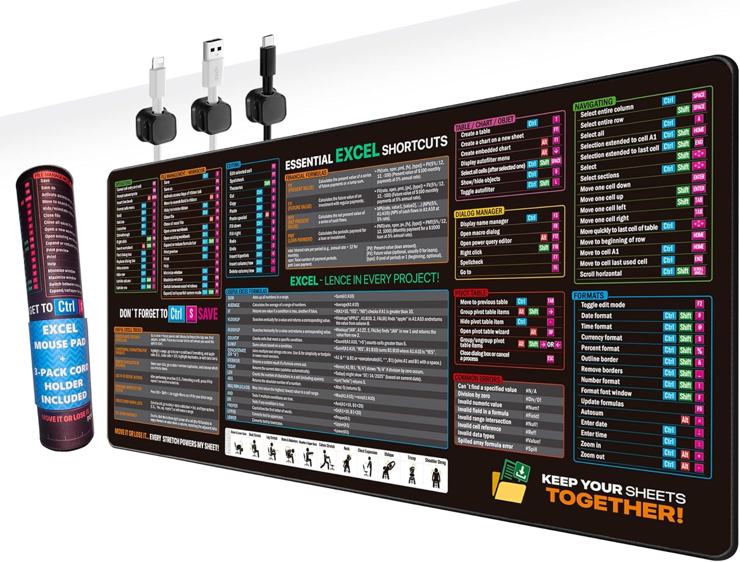 Excel Cheat Sheet Desk Pad – XXL Waterproof Mouse Pad with Stitched ...