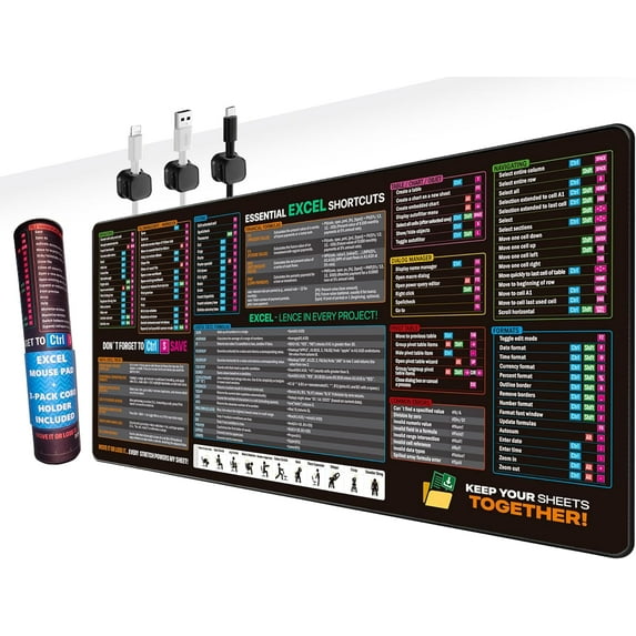 Excel Cheat Sheet Desk Pad – XXL Waterproof Mouse Pad with Stitched ...