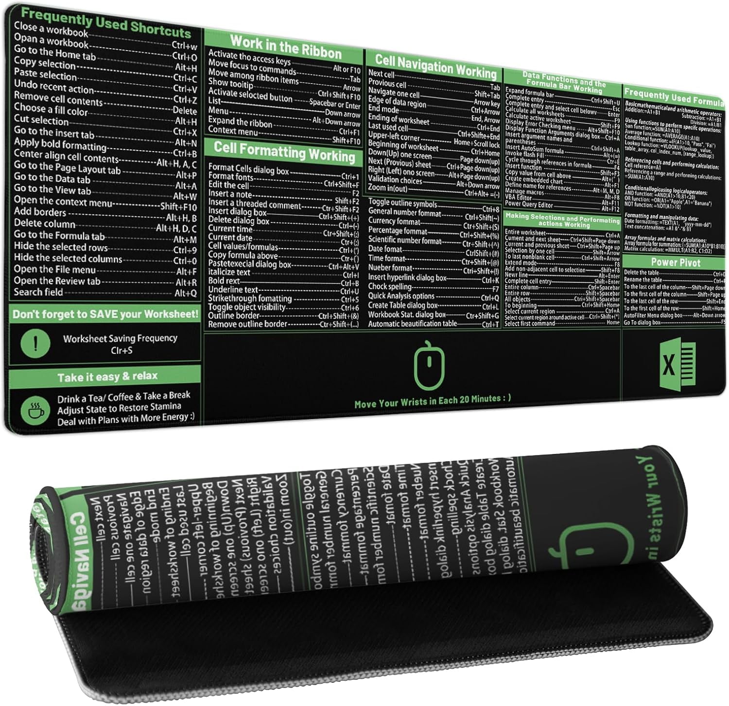 Excel Shortcut Keys Mouse Pad 35.4”X15.7” Cheat Sheet Desk Pad ...