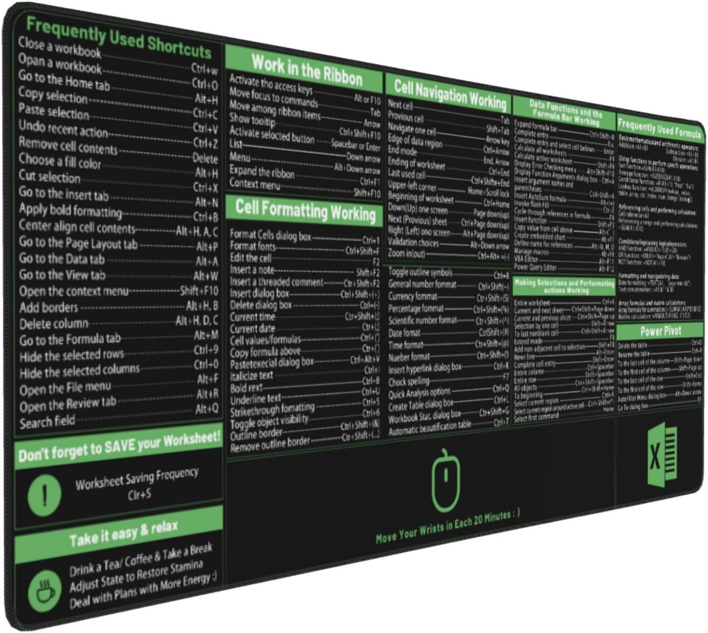 Excel Shortcut Keys Mouse Pad 35.4X15.7 Excel Cheat Sheet Desk Pad ...