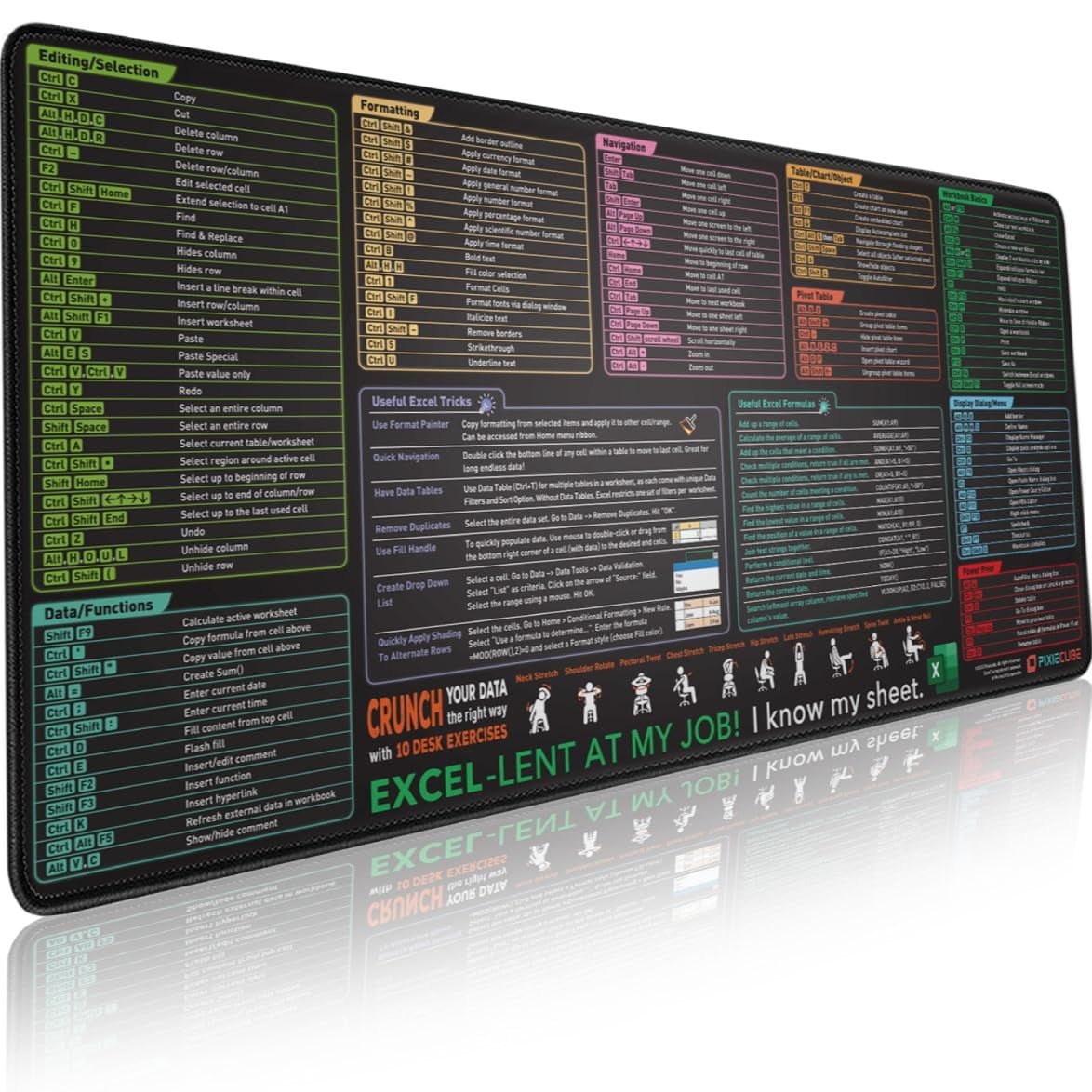 Excel Shortcut Keys Mouse Pad - Extended Large XL Cheat Sheet Gaming ...