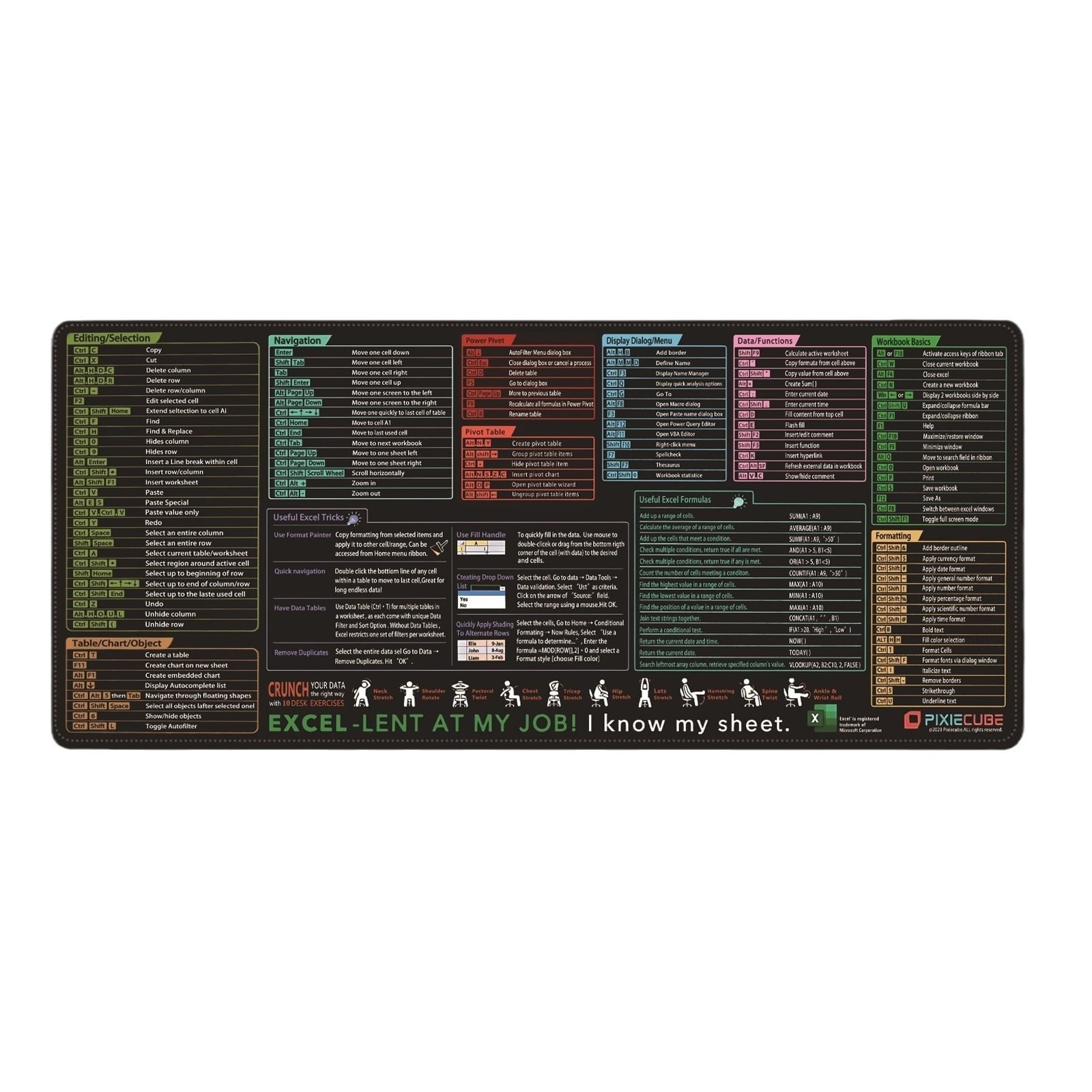 Excel Shortcut Keys Mouse Pad Extended Large Xl Cheat Sheet Gaming ...