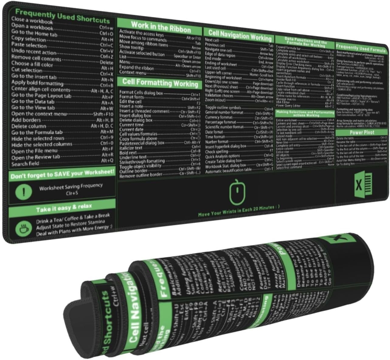 Excel Shortcuts Mousepad Extended Large XL Excel Cheat Sheet Desk Pad ...
