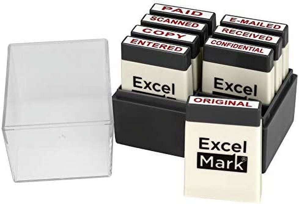 ExcelMark Mini Office Message Rubber Stamp Set - Red Ink - Storage Tray ...