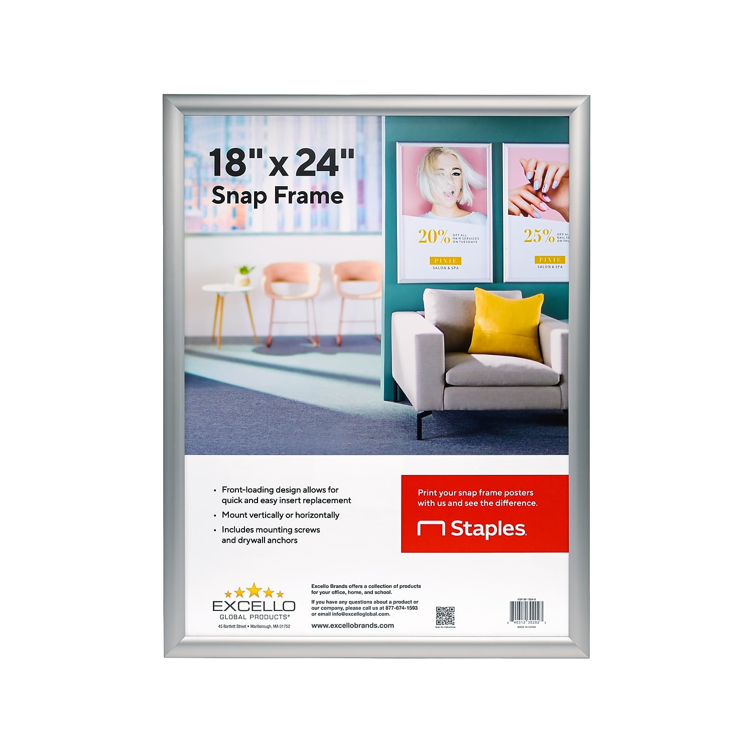 Staples Snap Frame Poster Holder 24" x 18" Wall Mounted Silver Aluminum (EGP-SF-1824-S ...