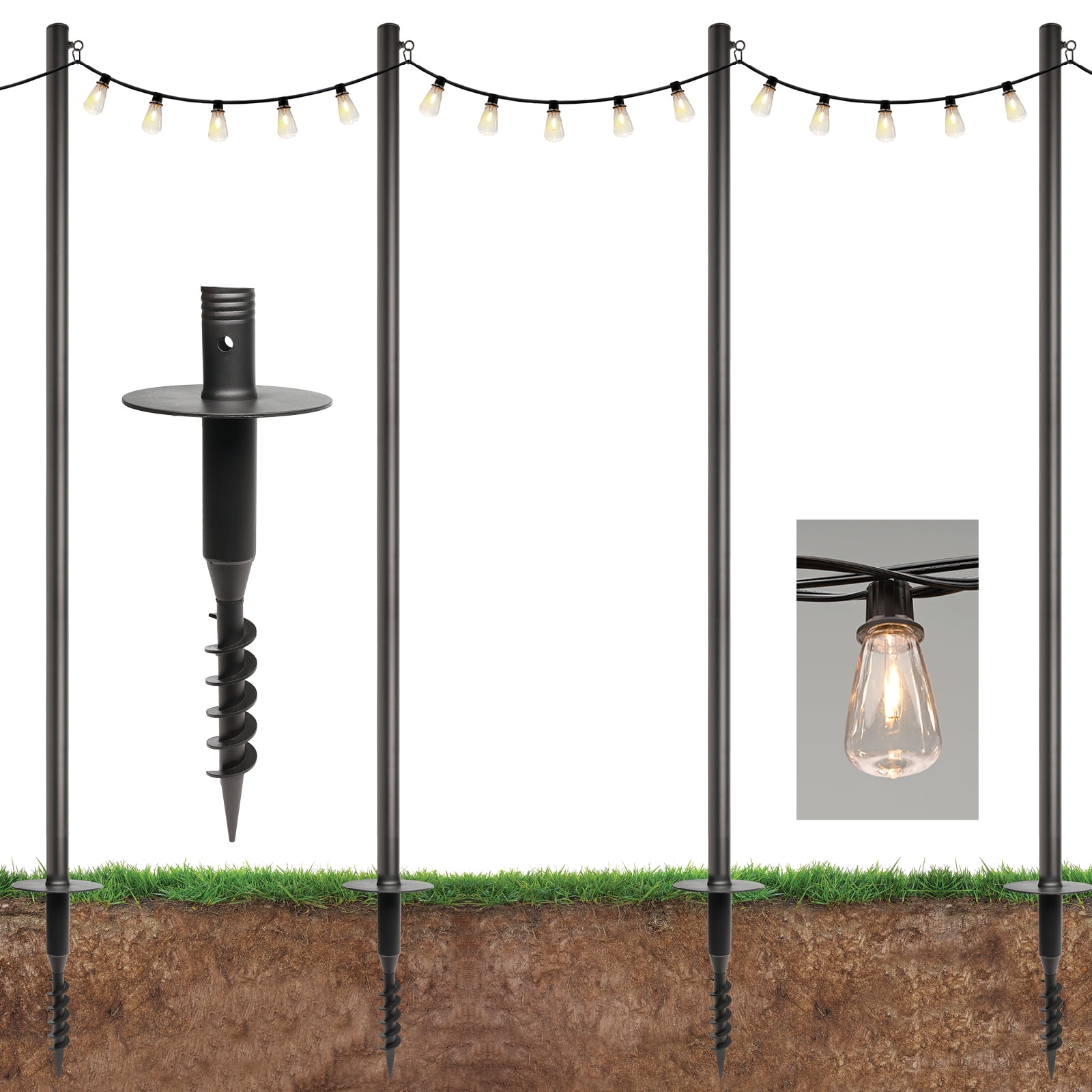 Excello Global Products Premium String Light Pole 4 Pack with 100' of ...