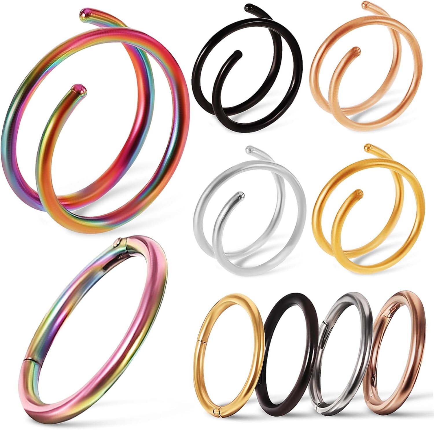 Exceptional 10-Piece Nose Ring Set 5 Spiral and 5 Hoop Nose Rings for ...