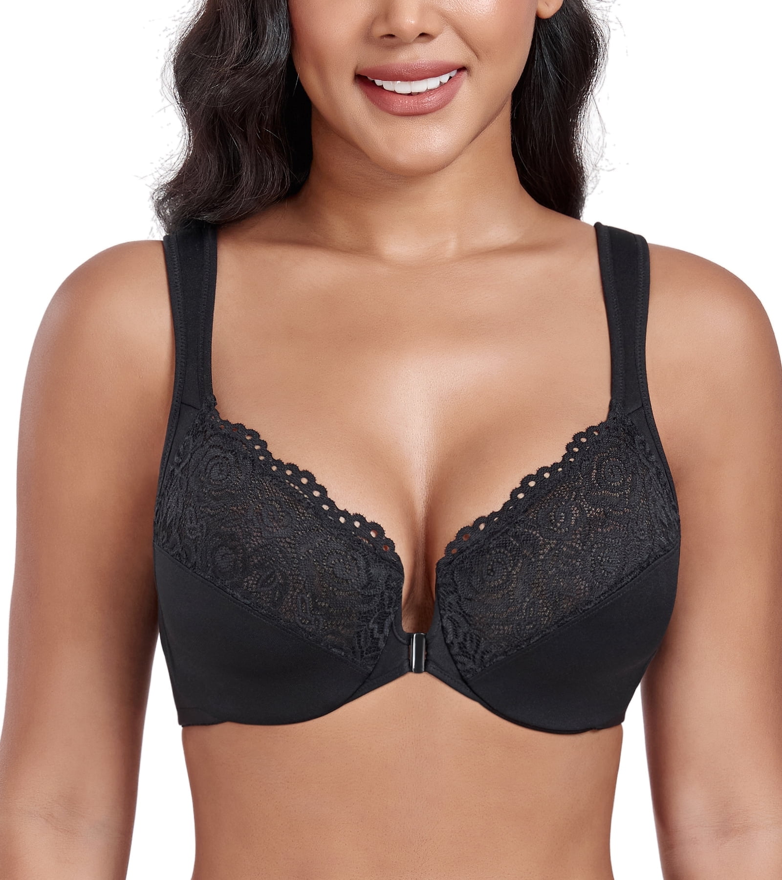 Exerin Everyday Bra Women's Plus Size Front Closure U-Back Underwire Wide Strap(Black,38G ...