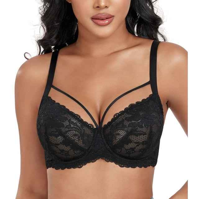 Exclare Sexy Lace Bra Women's Plus Size See Through Mesh Sheer Embroidered Underwire Bra(32DDD ...
