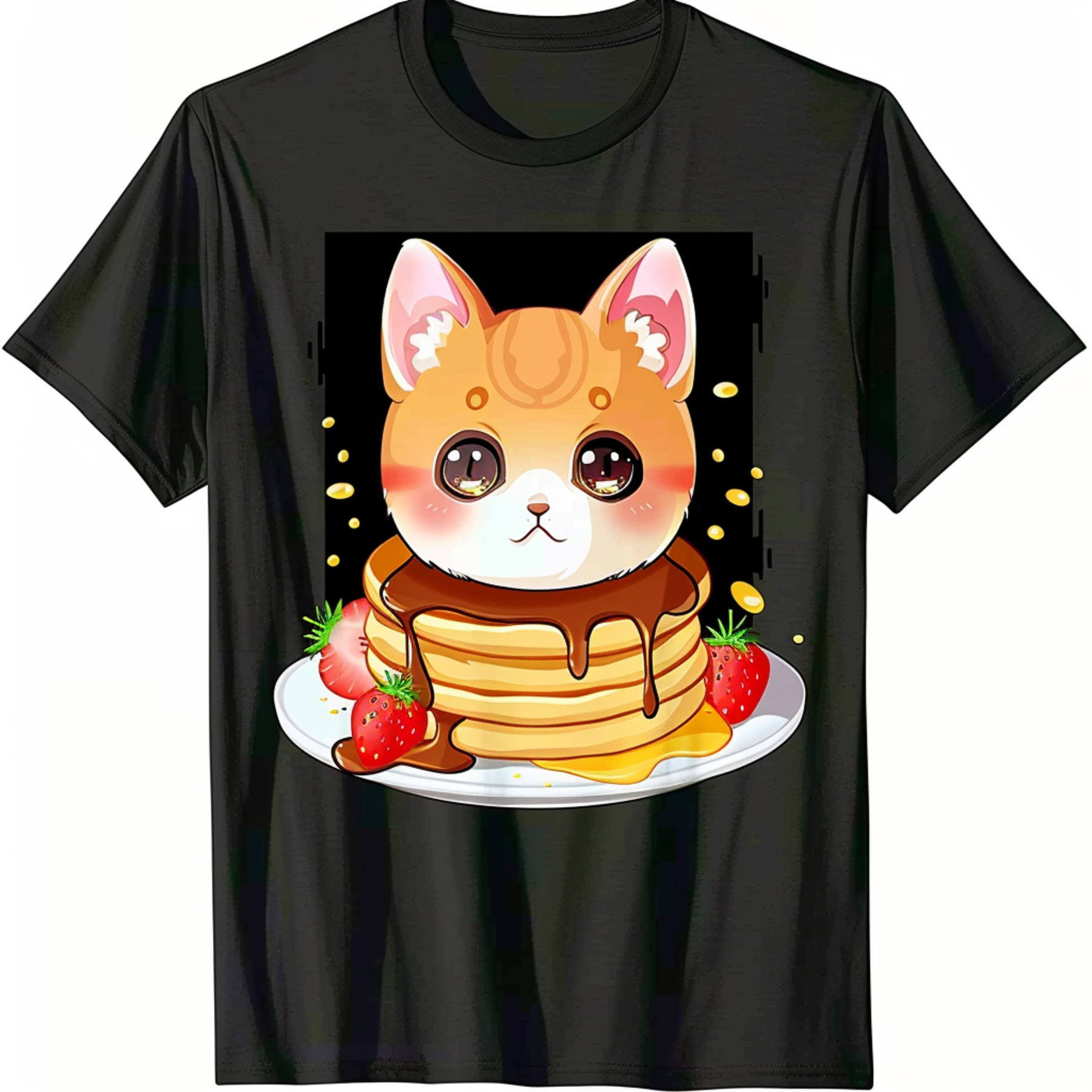 Exclusive Anime Style Chibi Cat in Pancake Stack T Shirt Black Tee with ...