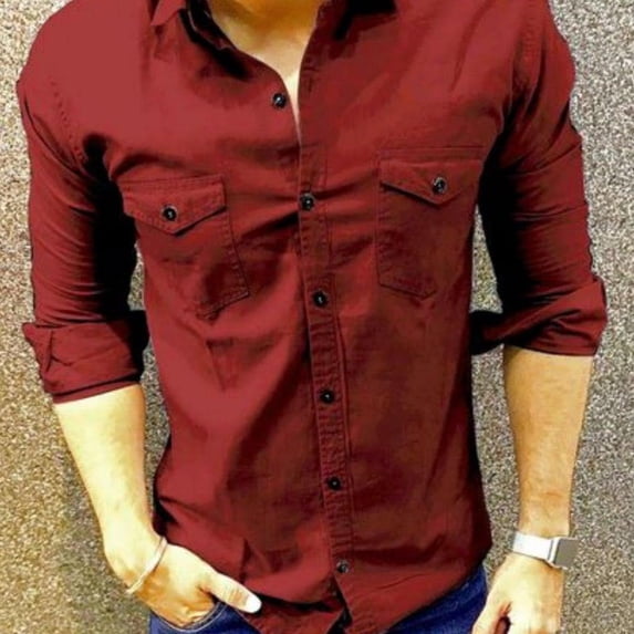 Exclusive Double Pocket Maroon Cotton Dress Shirt for Men - Walmart.com