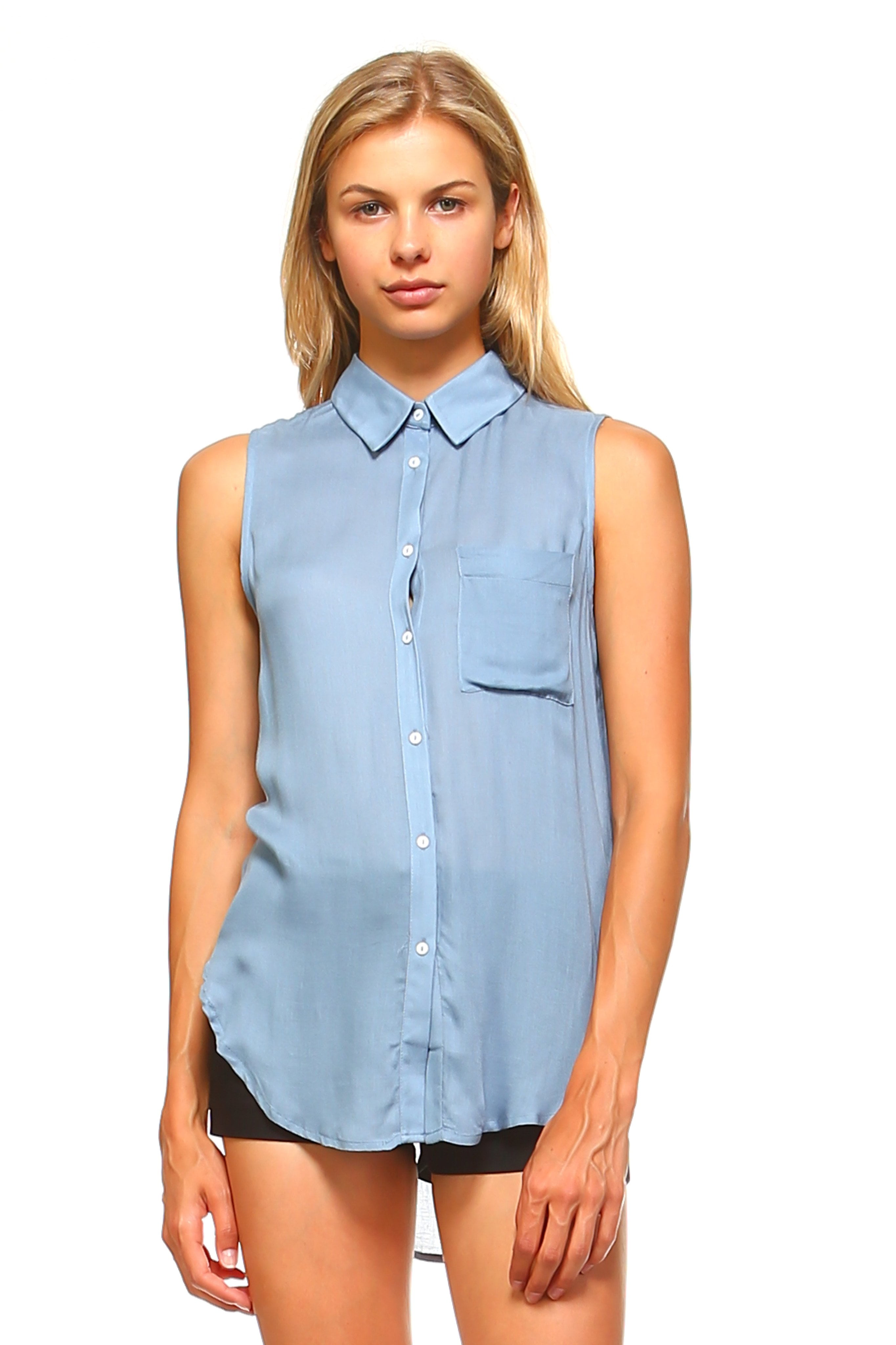 Exclusive Womens Sleeveless Sheer Button Down Blouse Sky Blue