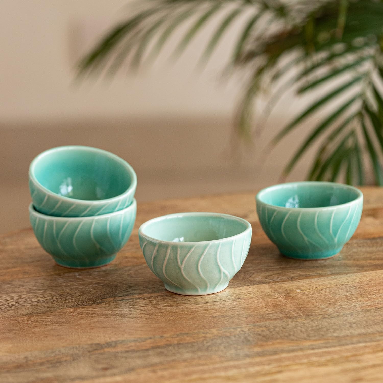 ExclusiveLane Caribbean Green Hand Glazed Ceramic Bowl Set of 4 120 ML ...