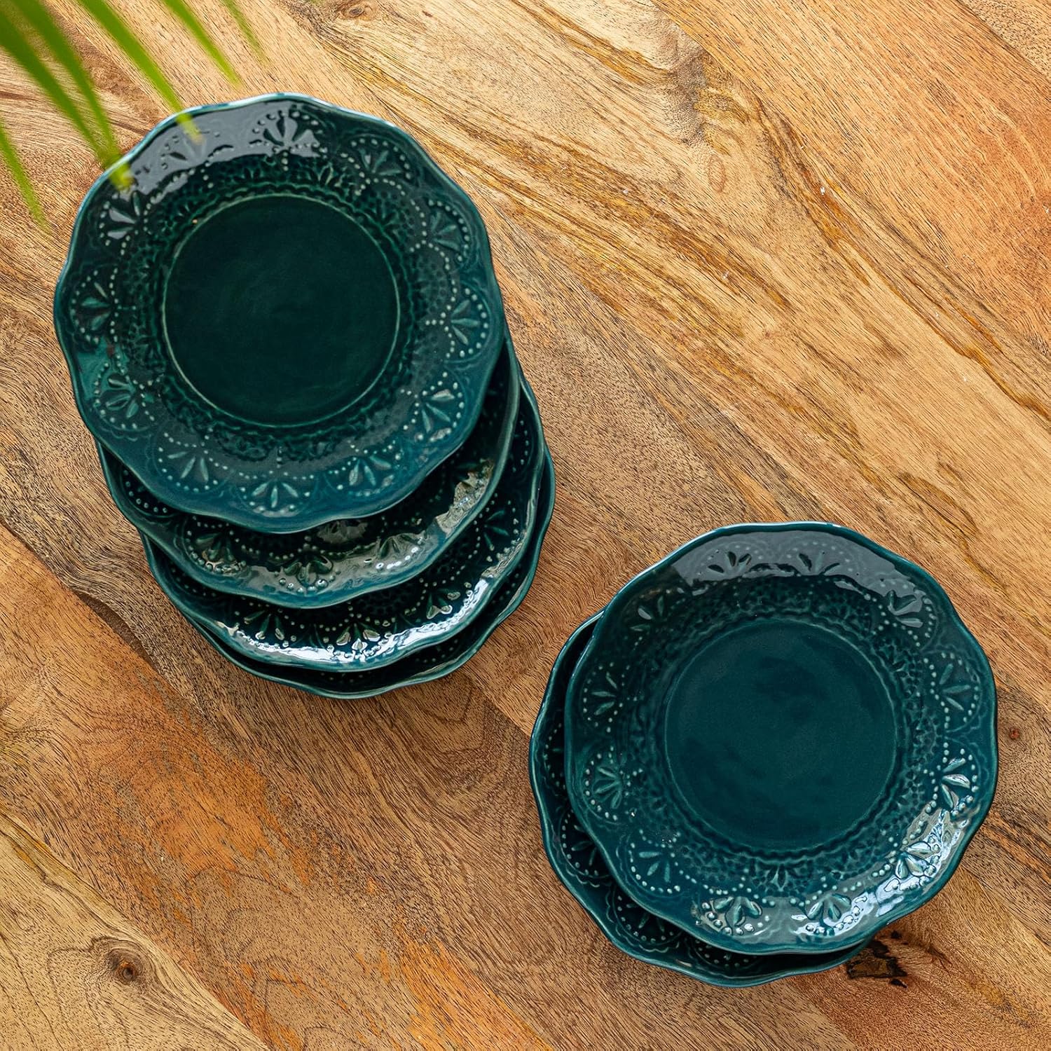 ExclusiveLane Teal Forest Hand Glazed Ceramic Plates for Dinner Set of ...
