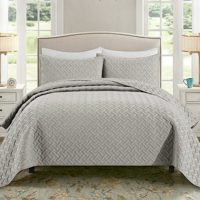 Exclusivo Mezcla 2-Piece Twin Size Quilt Set, Light Gray, Weave Pattern, Soft and Lightweight ...