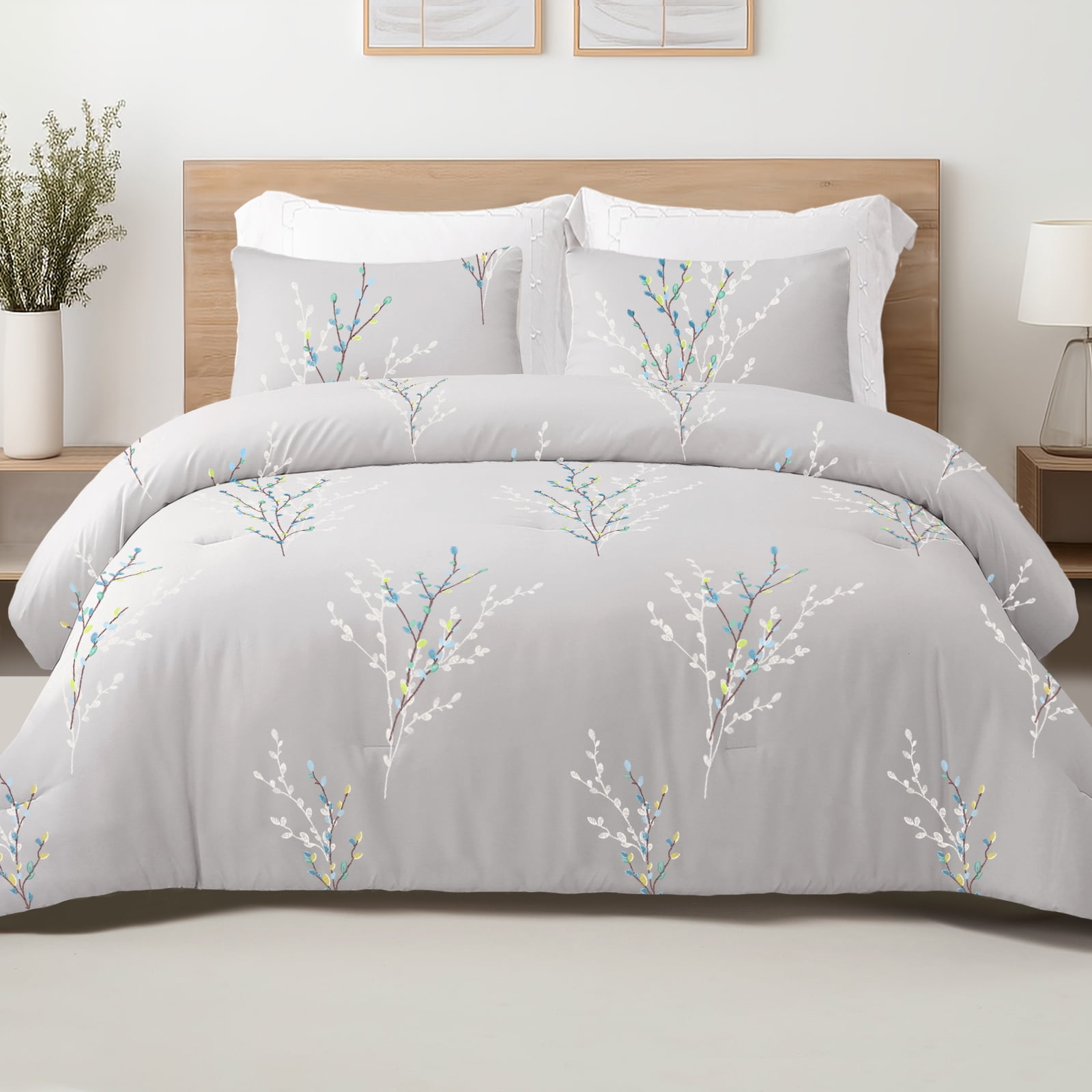Exclusivo Mezcla 3-Piece Floral Queen Comforter Set, Microfiber, Grey ...