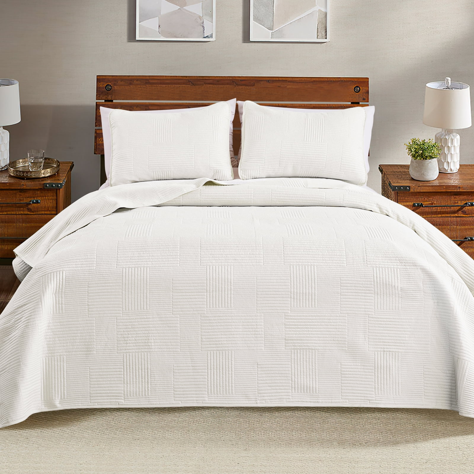 Exclusivo Mezcla Lightweight King Quilt Set, Striped, 96x104in, White ...