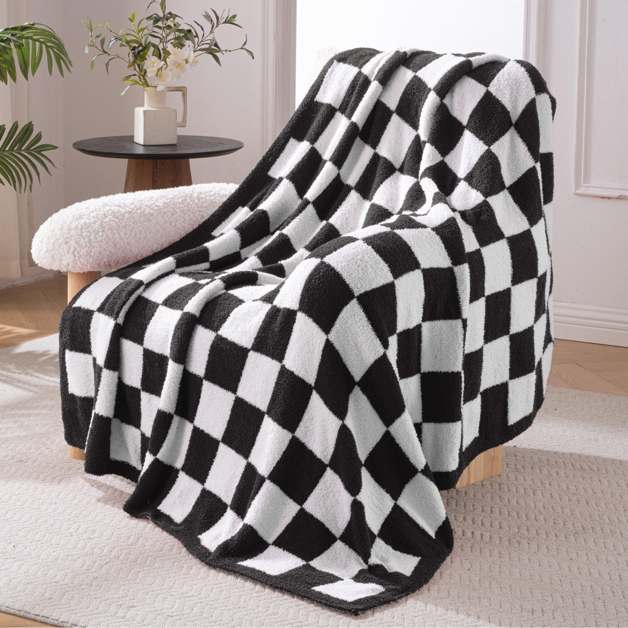 Exclusivo Mezcla Checkered Knit Throw Blanket, Ultra Soft Cozy Fluffy ...