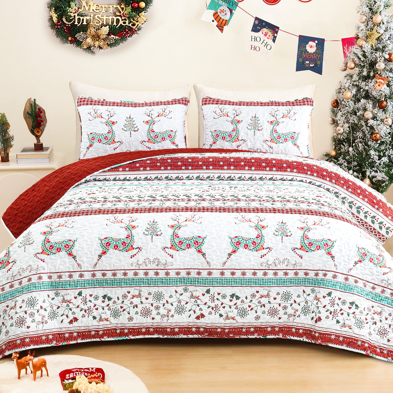 Exclusivo Mezcla Christmas Quilt Queen Size, Rust Red Striped ...