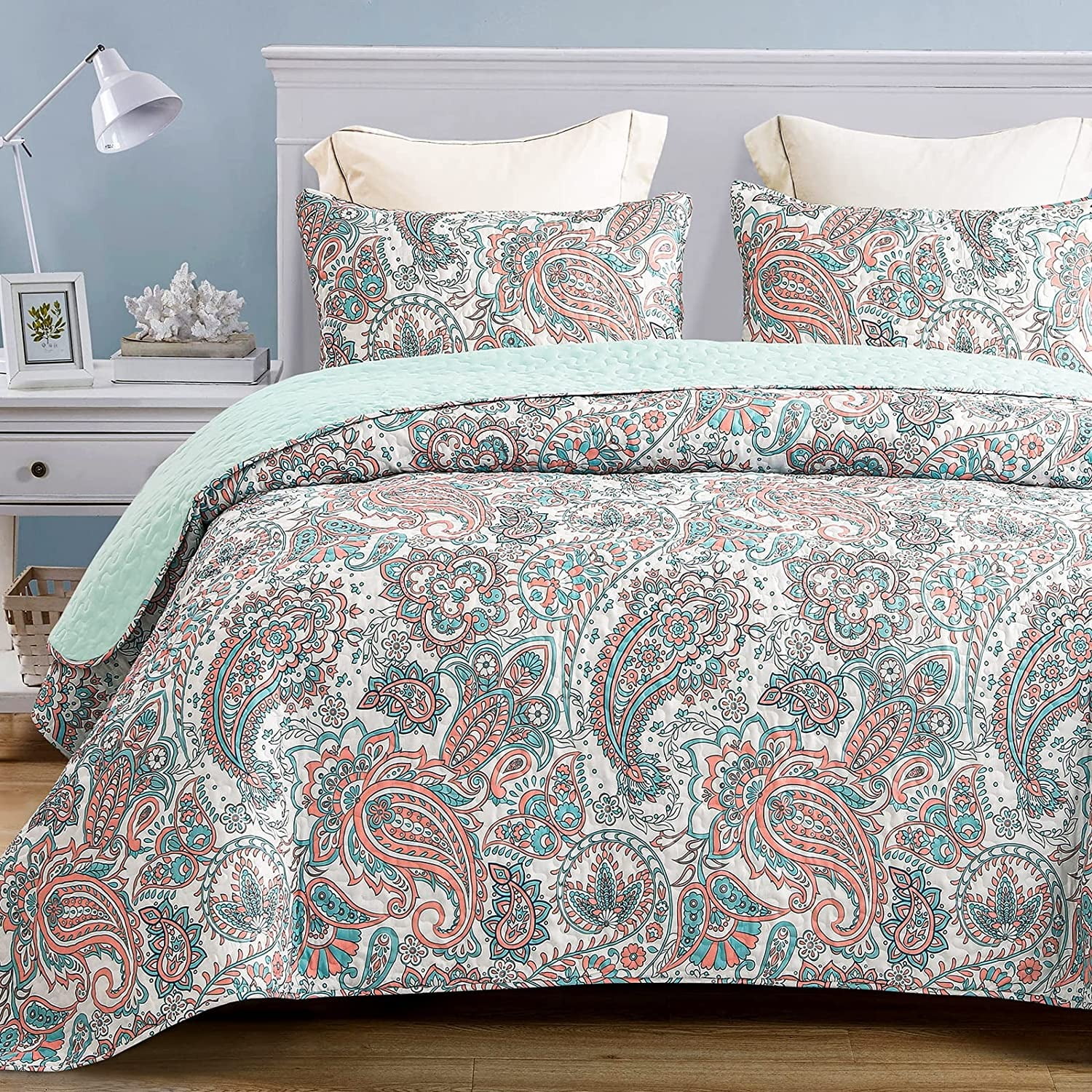 Exclusivo Mezcla Floral Paisley Aqua Quilt Set, Queen, 3-Piece ...