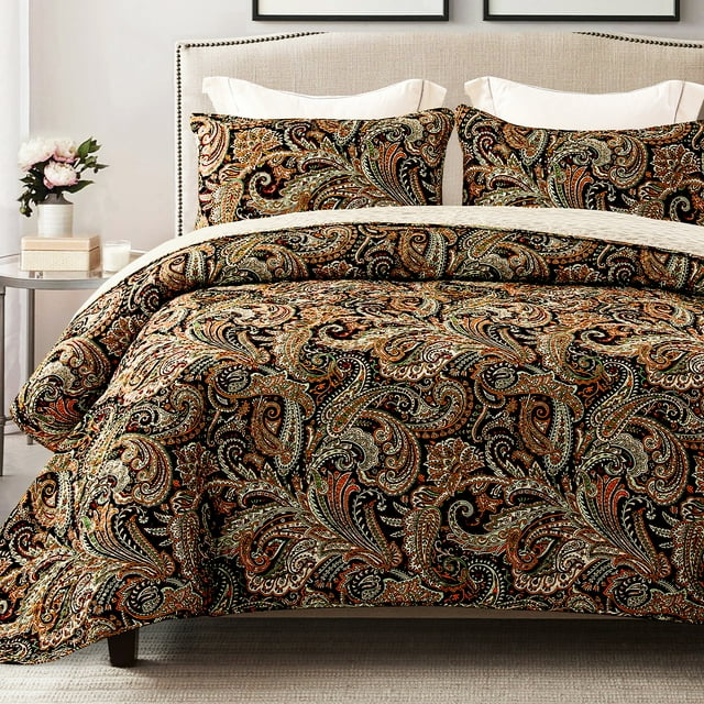 Exclusivo Mezcla King Size Quilt Set, 3-Piece Paisley Black Lightweight ...