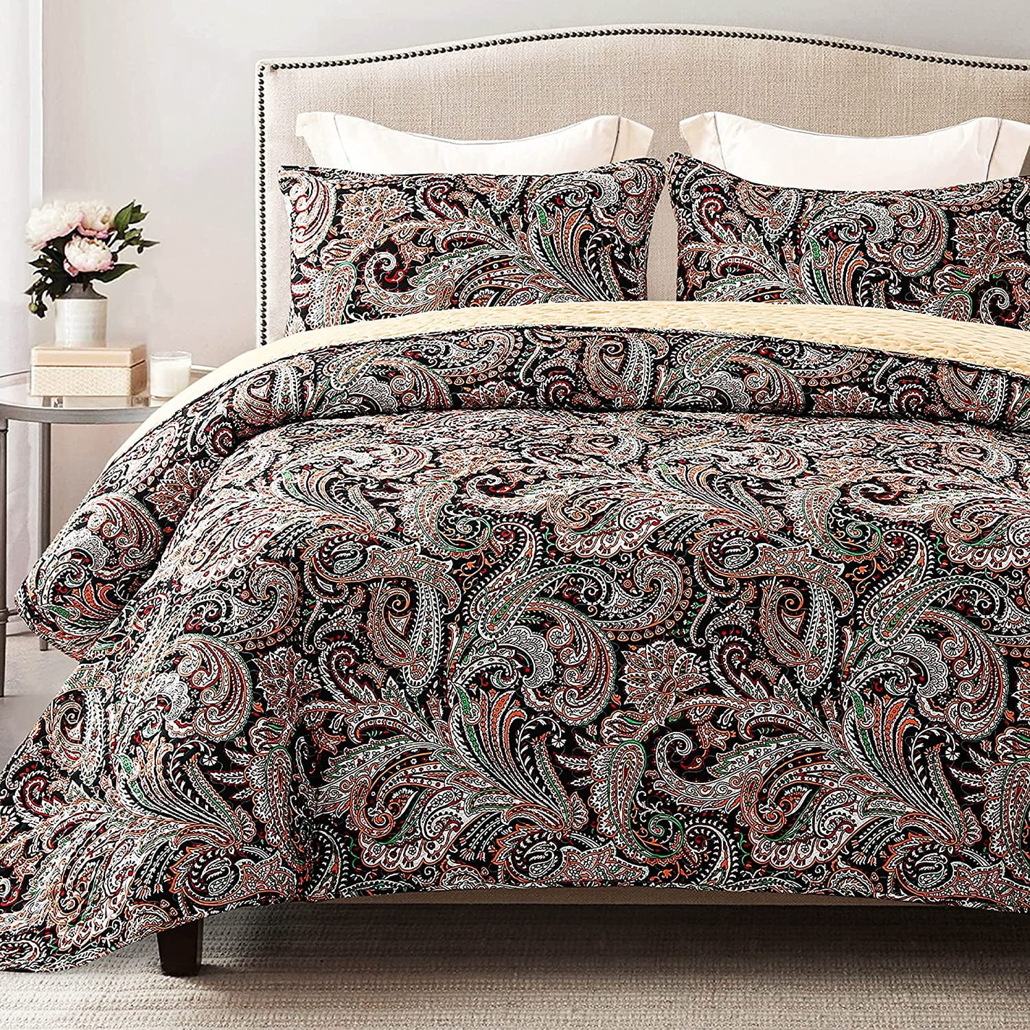 Exclusivo Mezcla Paisley Black Quilt Set Queen Size, 3-Piece Reversible ...