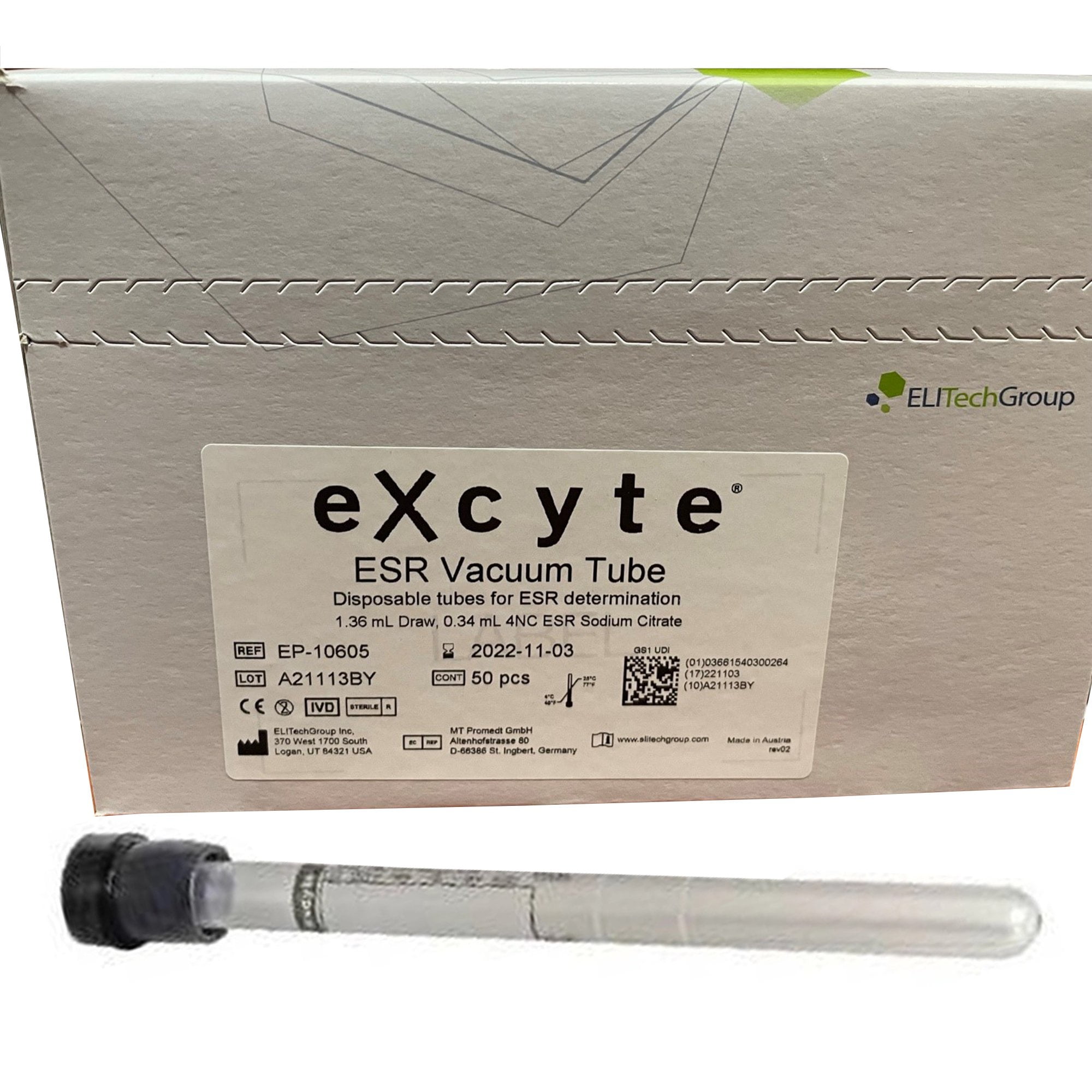 Excyte Vacuum Tube Venous Blood Collection Tube ESR Sterile EP-10605 50 ...