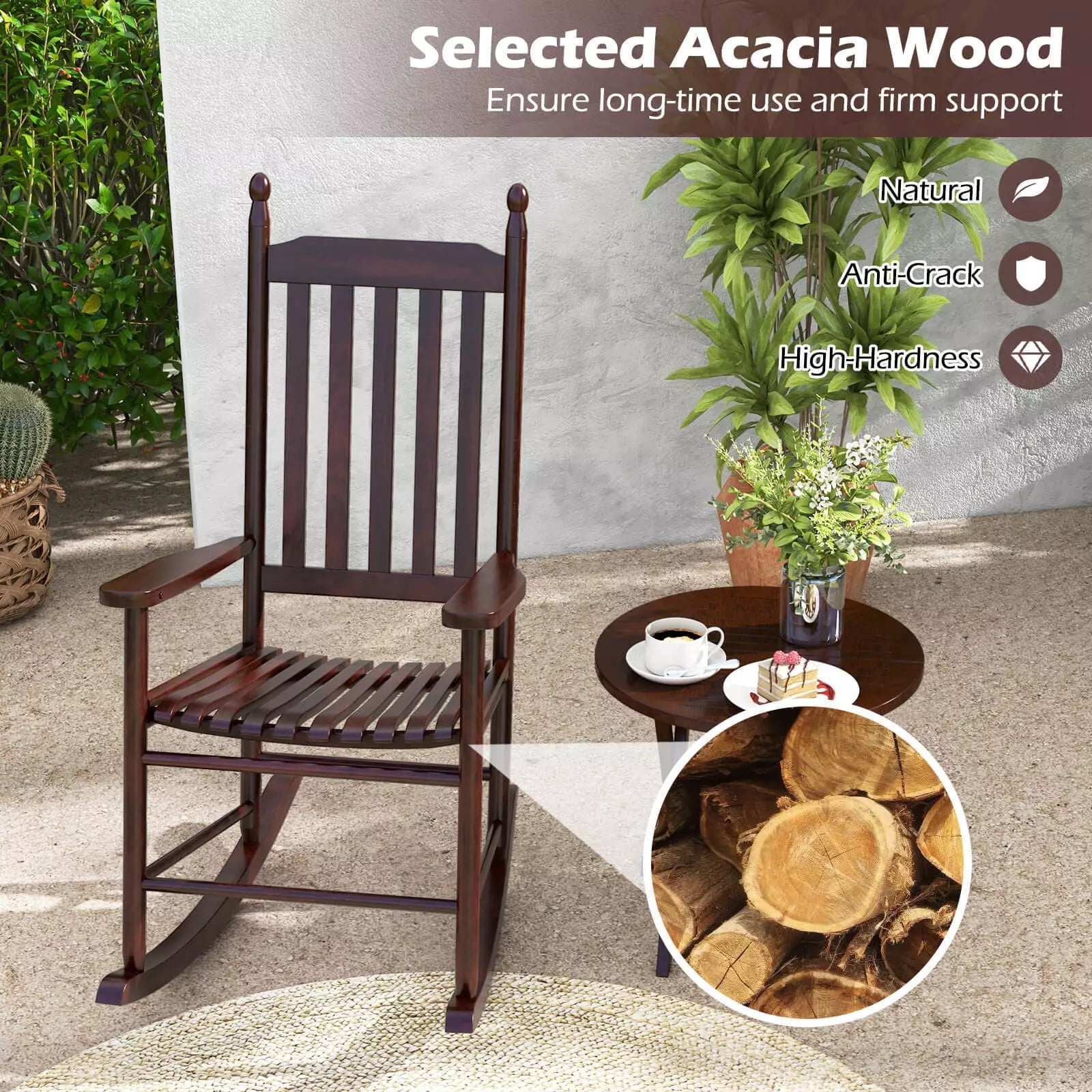 Exdeerjoy Outdoor Rocking Chair, High-Back Acacia Wood Rocker w/ Solid ...