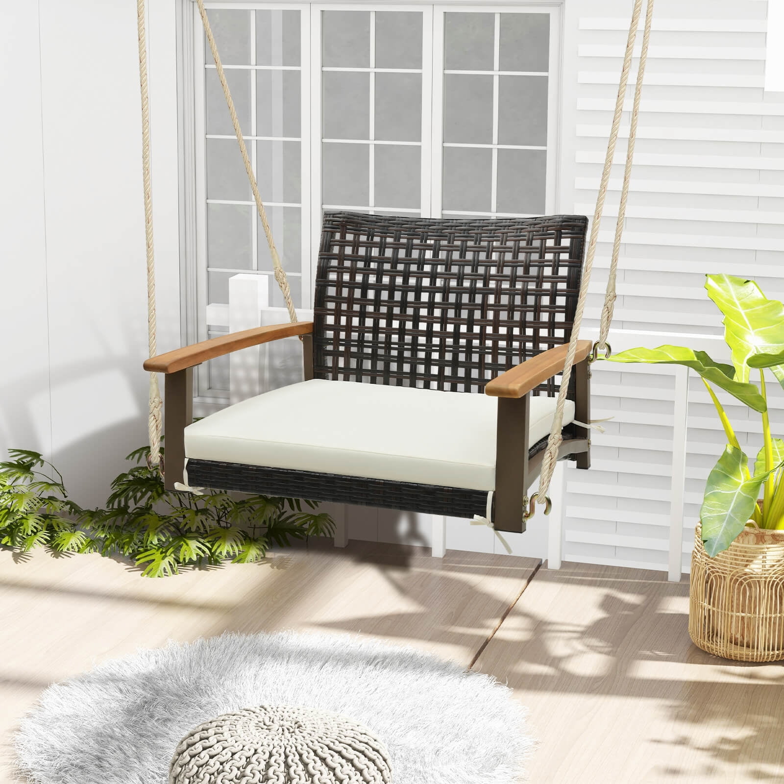 Exdeerjoy Outdoor single swing chair bench with acacia wood armrests ...