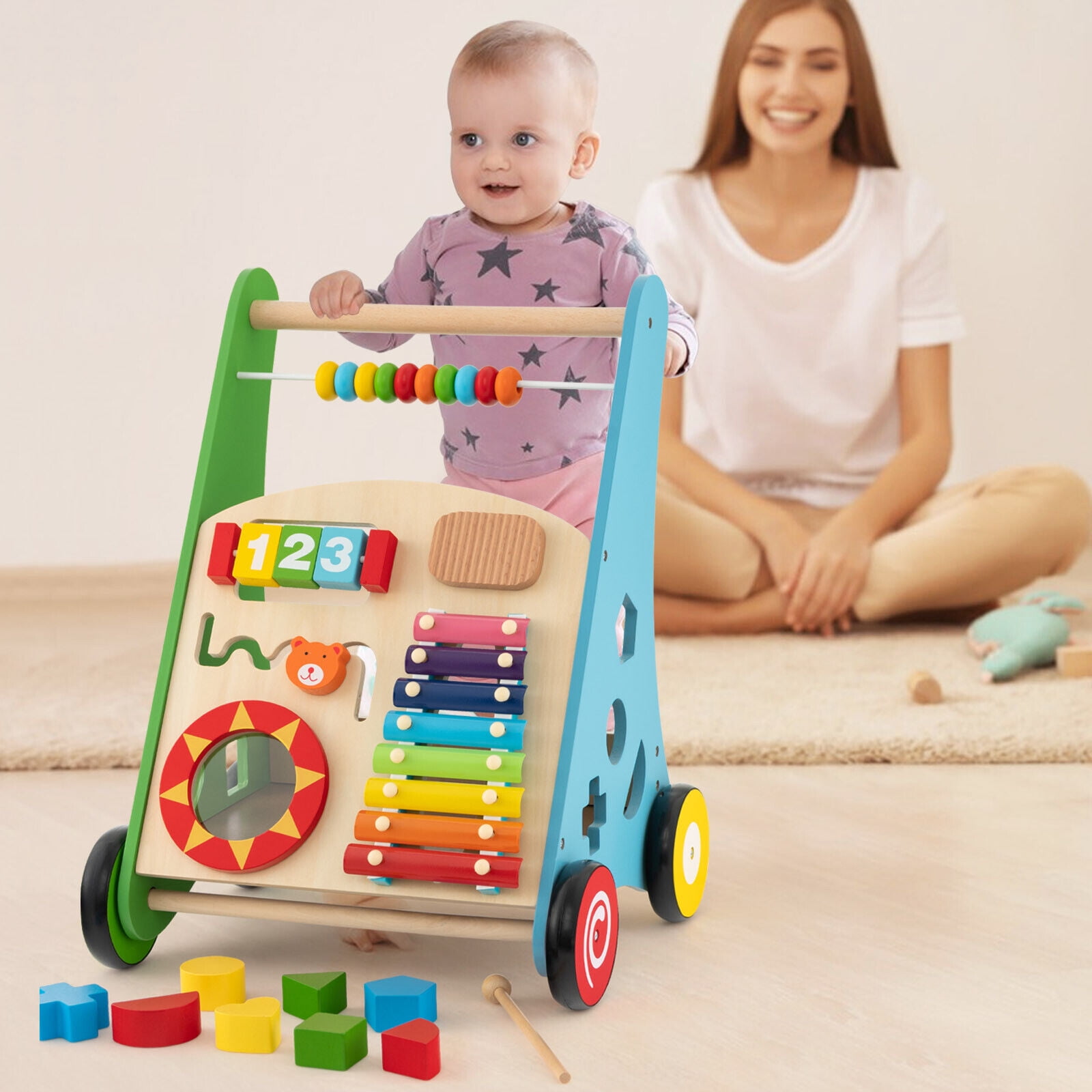 Exdeerjoy Wooden Baby Walker, Push and Pull Learning Activity Center ...