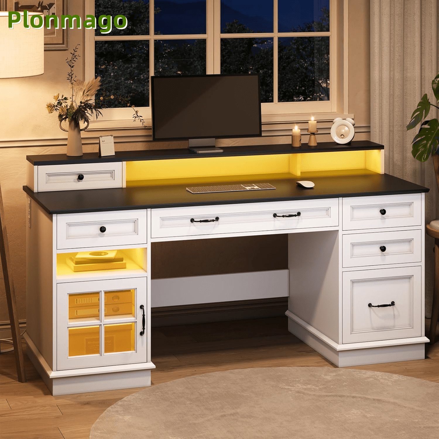 Plonmago Executive Desk with Drawers,Computer Desk with Power Outlet ...