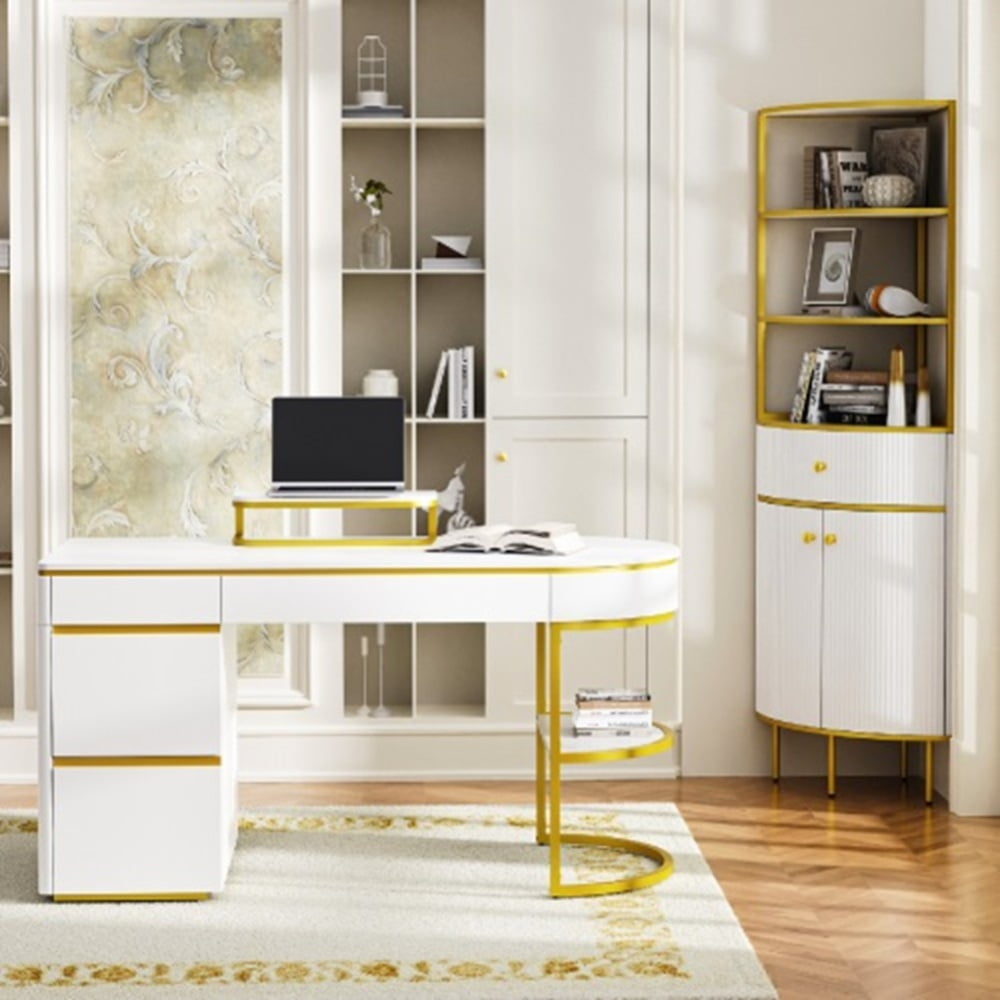 Executive Desk, Metal Frame Tall Corner Bookshelf with Handle, 3 Open ...