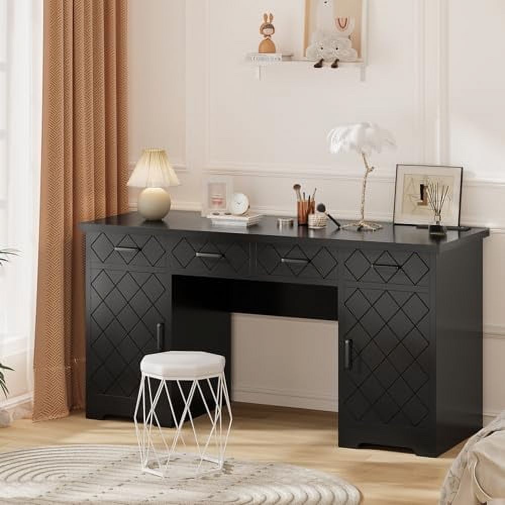 Executive Desk with Drawers, 55" Computer Desk with Power Outlets and ...