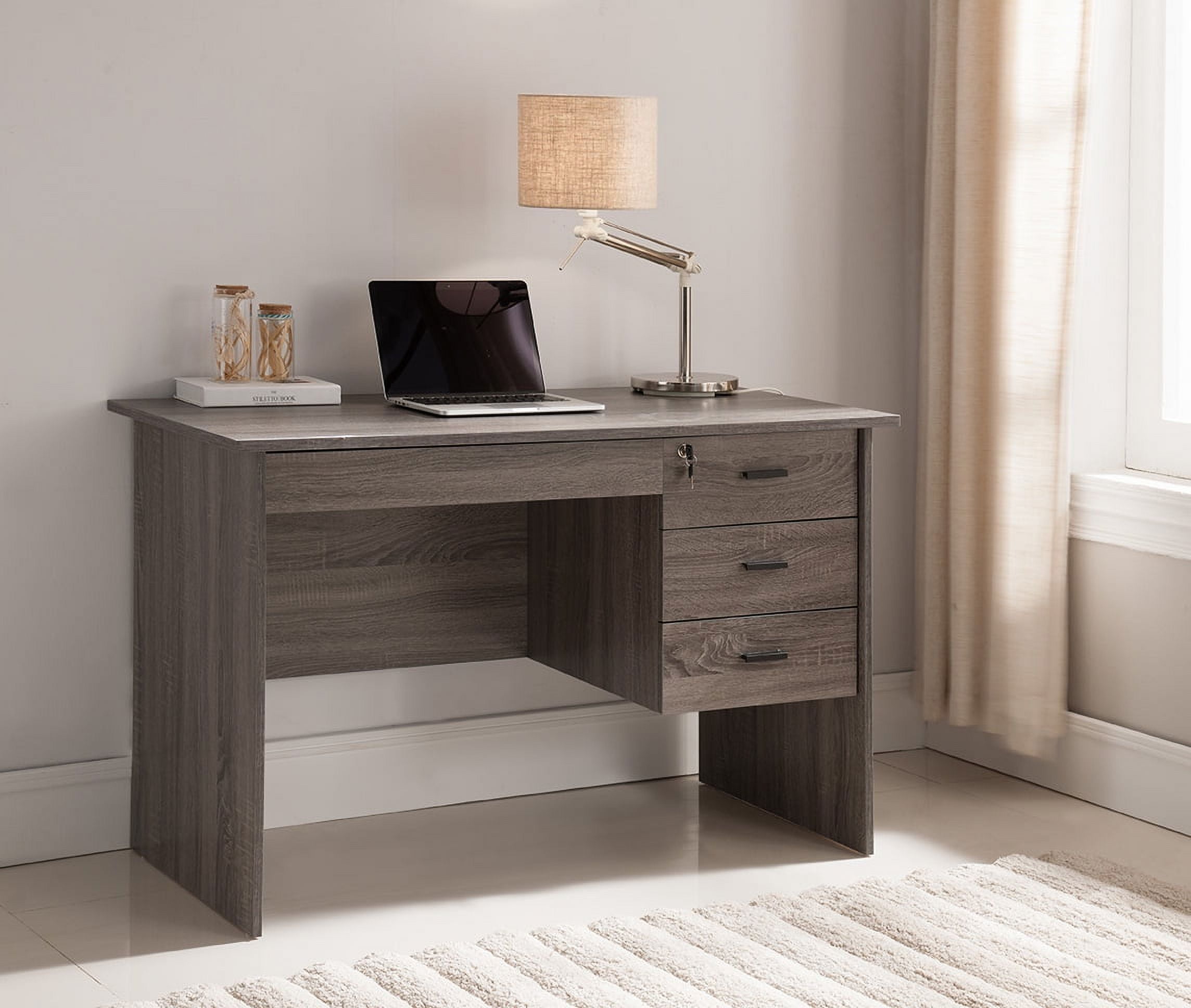 Rustic Gray Office Desk with 3 Drawers and Lock – Modern Writing Desk ...
