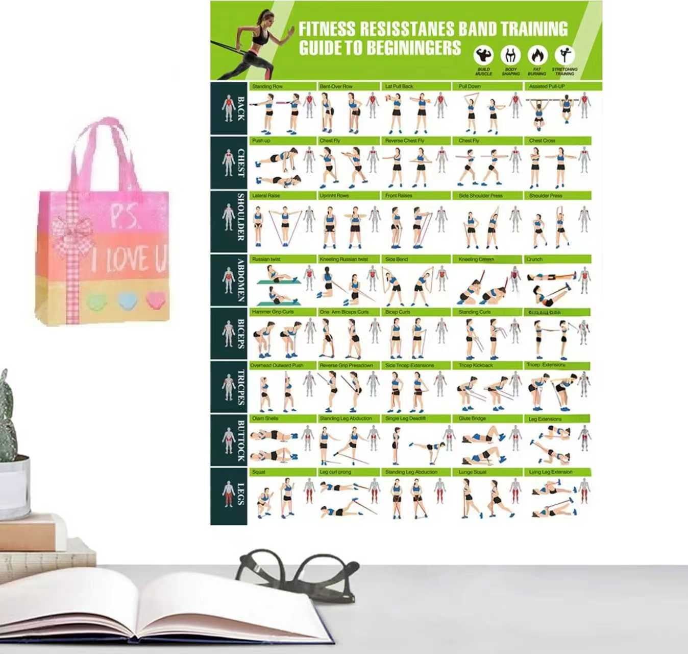 Exercise Workout Poster Set with Illustrations - Resistance Band ...