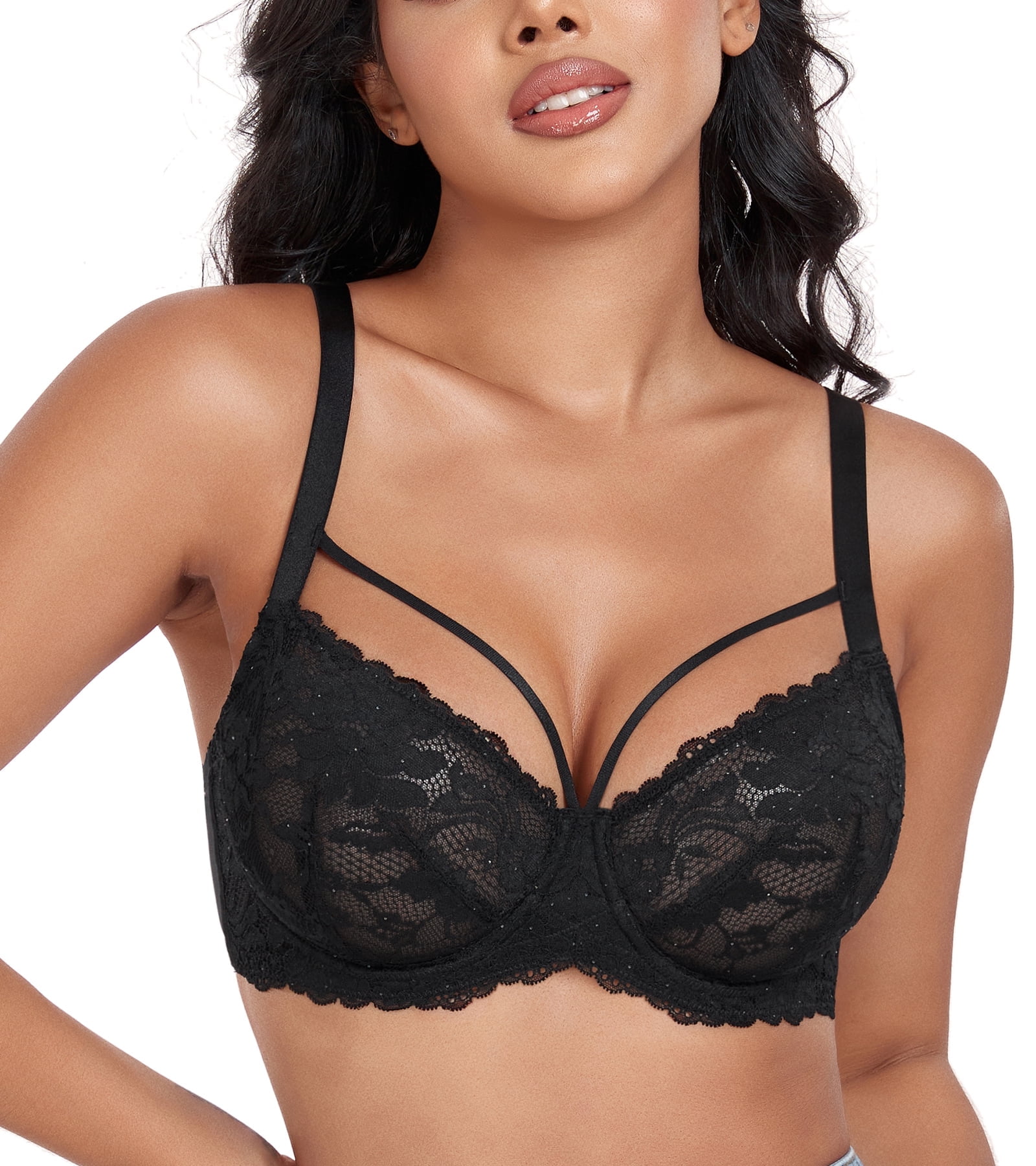 Exerin Women's Sexy Lace Bras Underwire Plus Size See Through Mesh Sheer Bra(40DD,Black ...