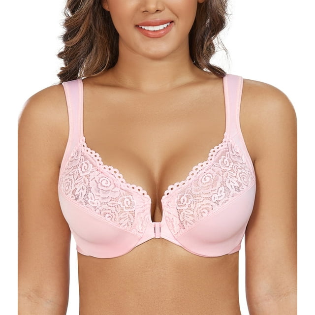 Exerin Women's Plus Size Front Closure U-Back Underwire Wide Strap Everyday Bra(Pink,34DDD ...
