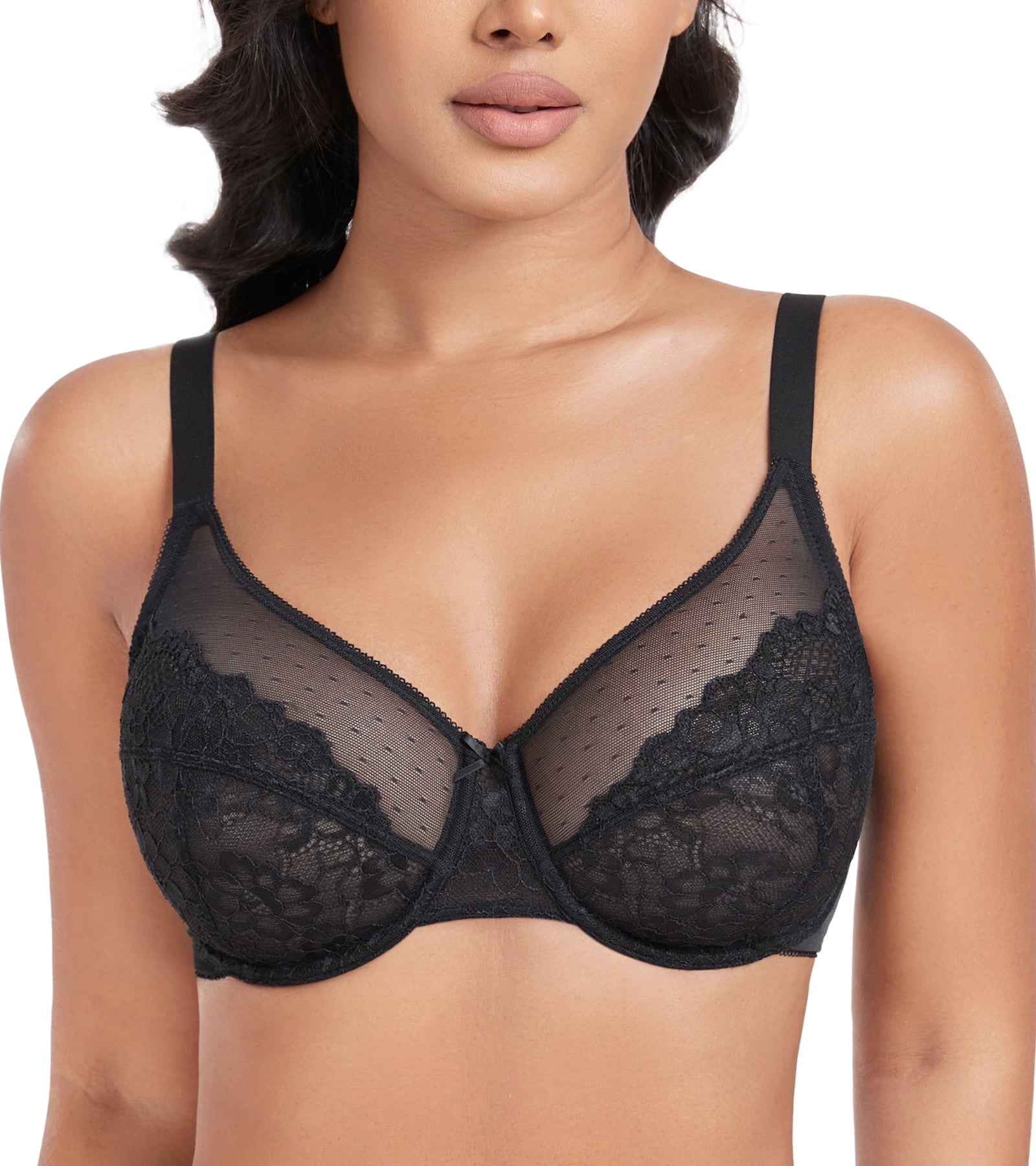 Exerin Women's Plus Size Sexy Lace Full Coverage Unpadded Underwire Bras Minimizer Mesh Bra ...