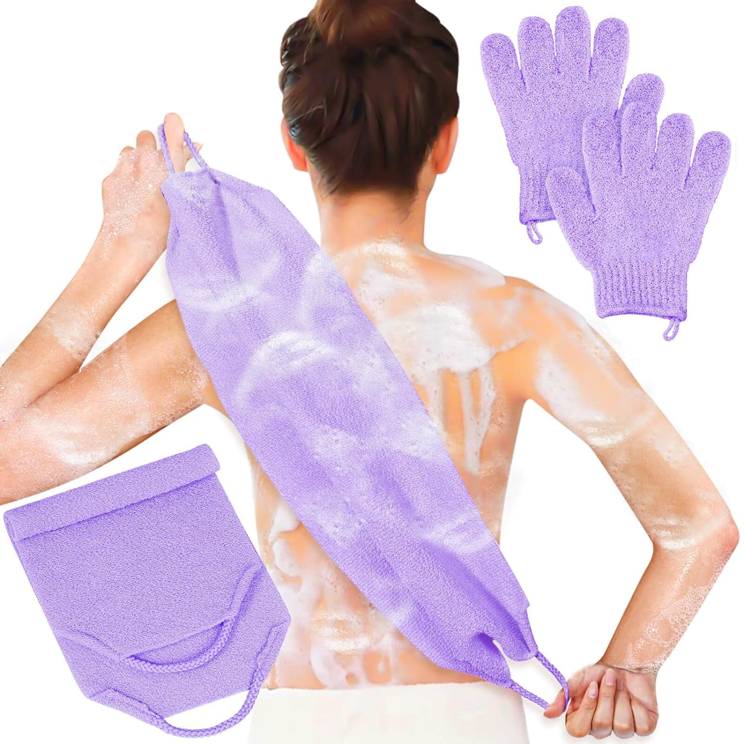 Exfoliating Back Scrubber Bath Gloves Set, Exfoliating Shower Towel ...