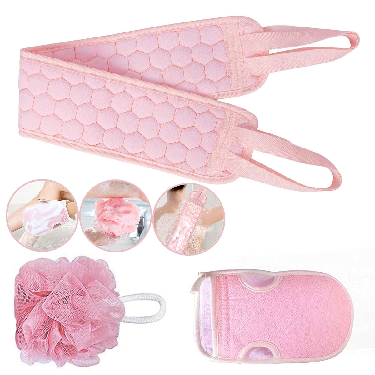 Exfoliating Glove and Loofah Sponge Set for Shower (3 Pcs), Back Brush ...