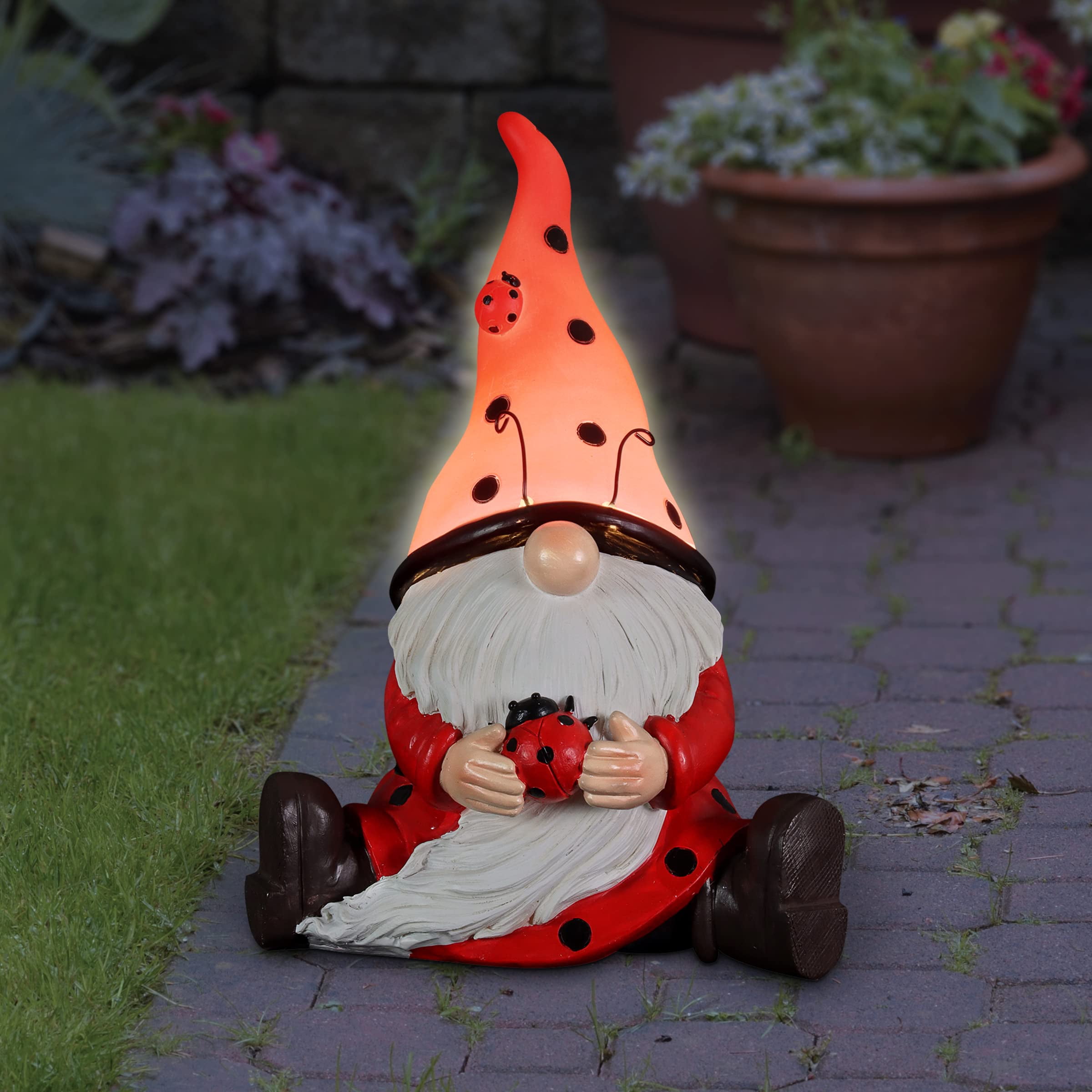 Exhart Garden Gnome, EC36 Ladybug Red Hat Solar Garden Statue Sculpture ...