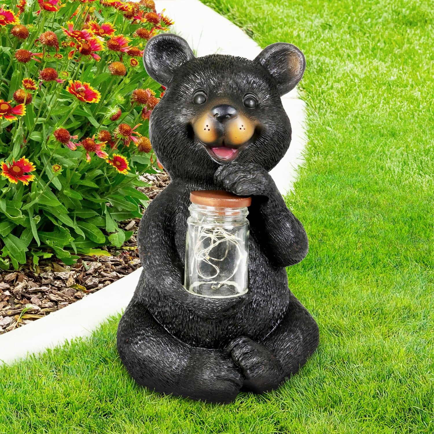 Exhart Garden Sculpture, Black Bear Solar Garden Statue with Glass Jar ...