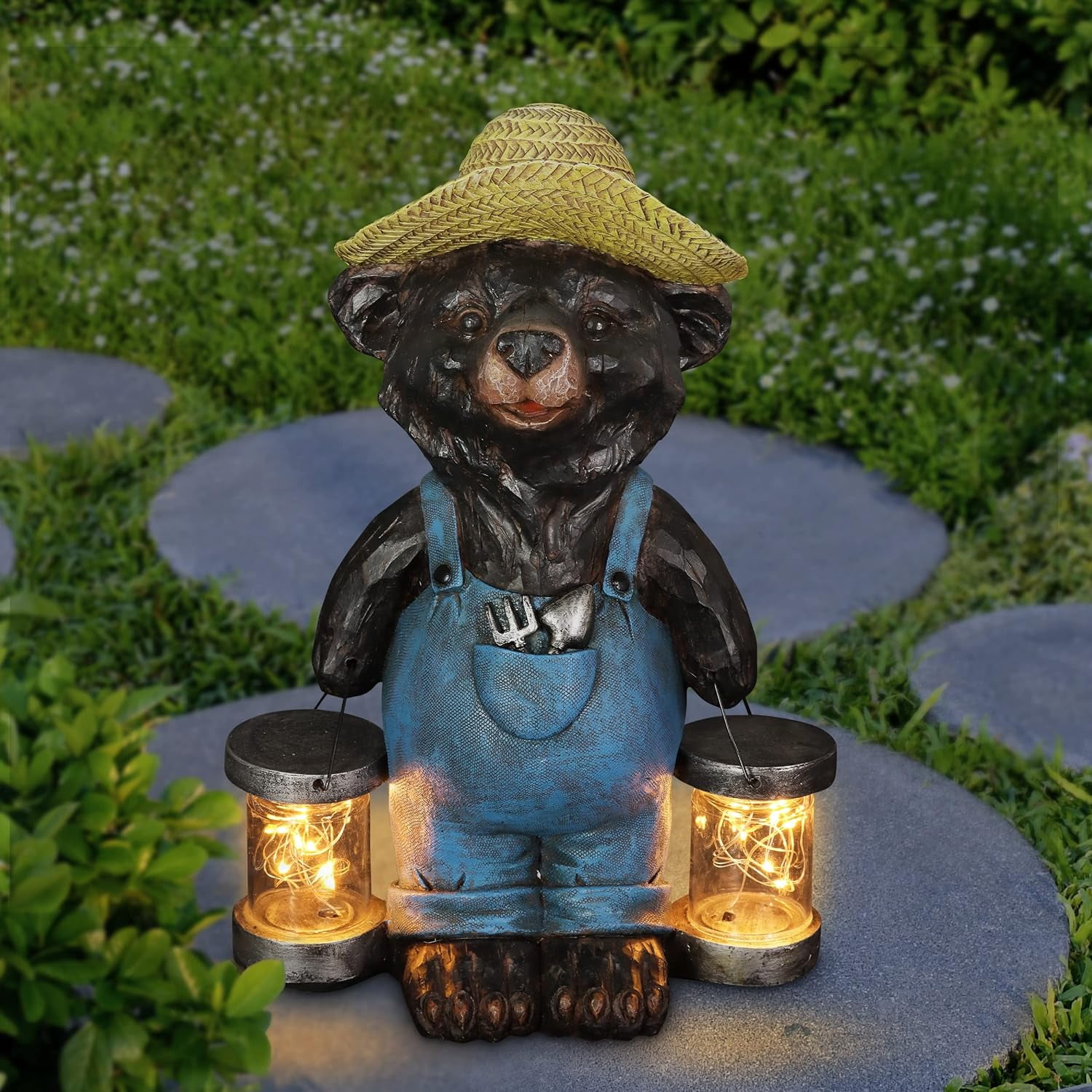Exhart Garden Sculpture, Farmhouse Black Bear Solar Garden Statue with ...