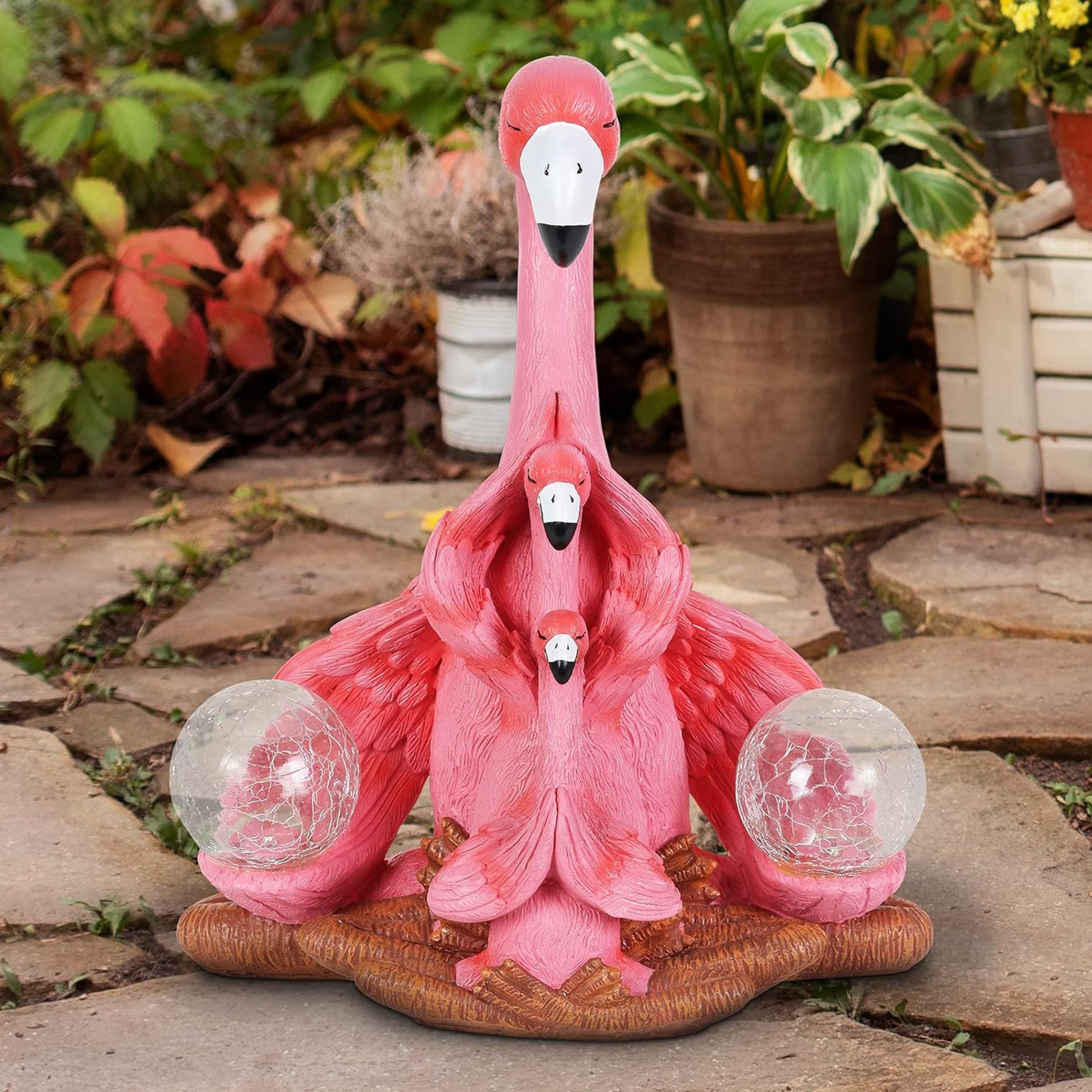 Exhart Garden Sculpture, Three Pink Flamingos Meditating Yoga Solar ...
