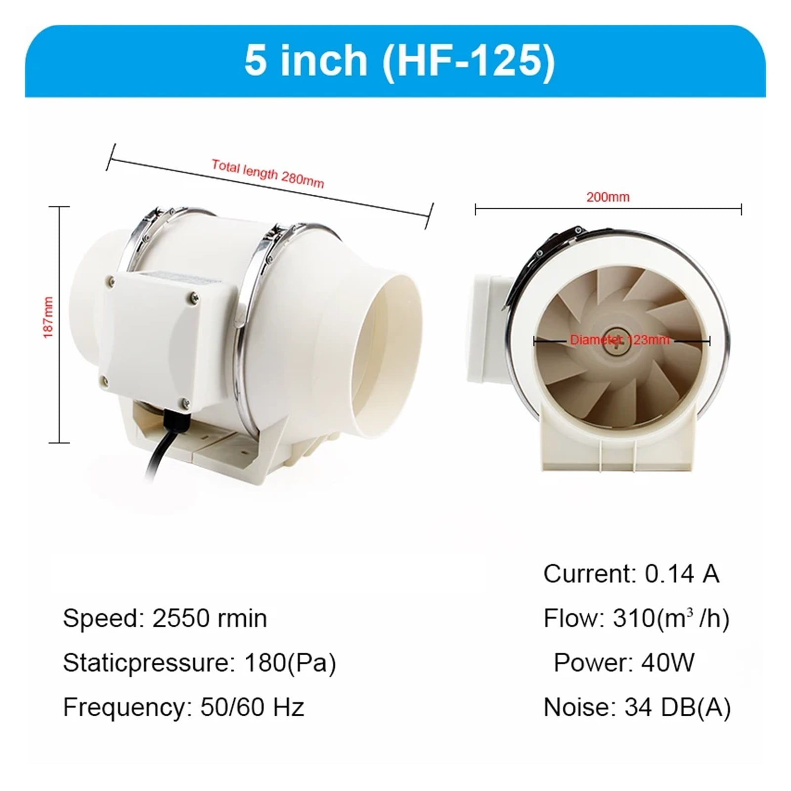 Exhaust Fan 3/4/5inch Silent Inline Pipe Duct Fan Extractor Ventilation ...