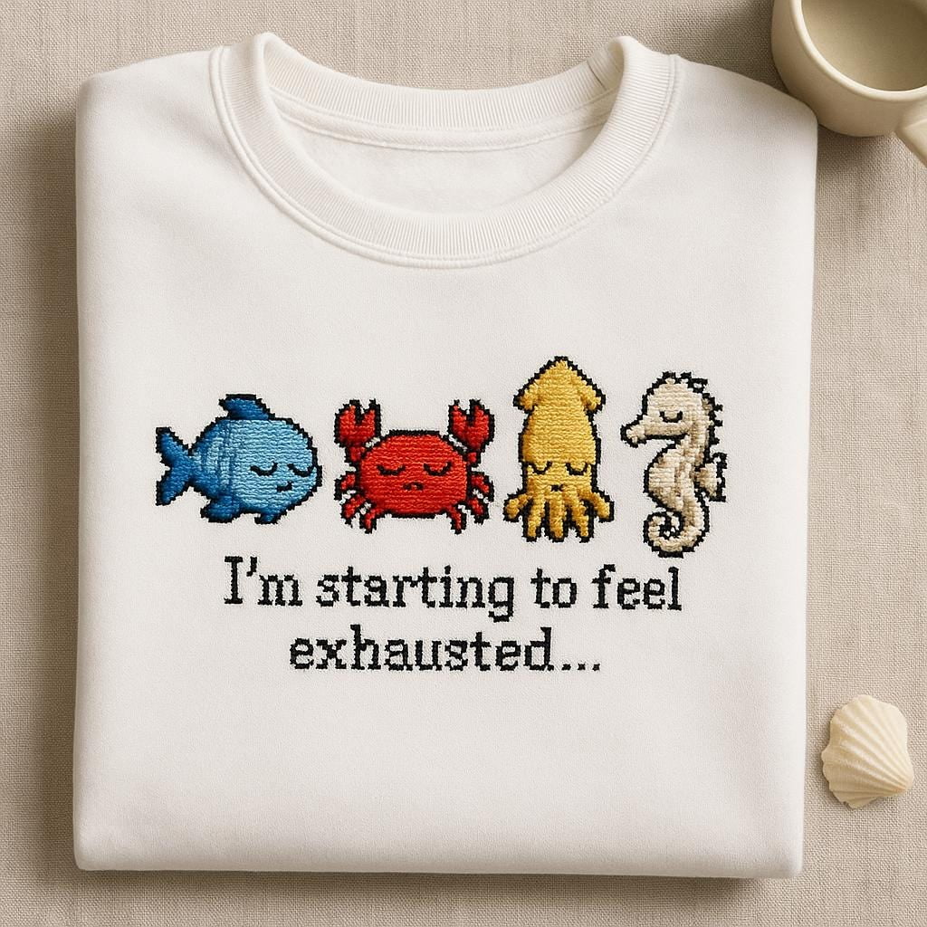 Exhausted Sea Creatures Embroidered Sweatshirt, Ocean Animals Crab Squid Fish Seahorse Tired ...