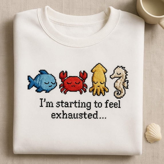 Exhausted Sea Creatures Embroidered Sweatshirt, Ocean Animals Crab ...