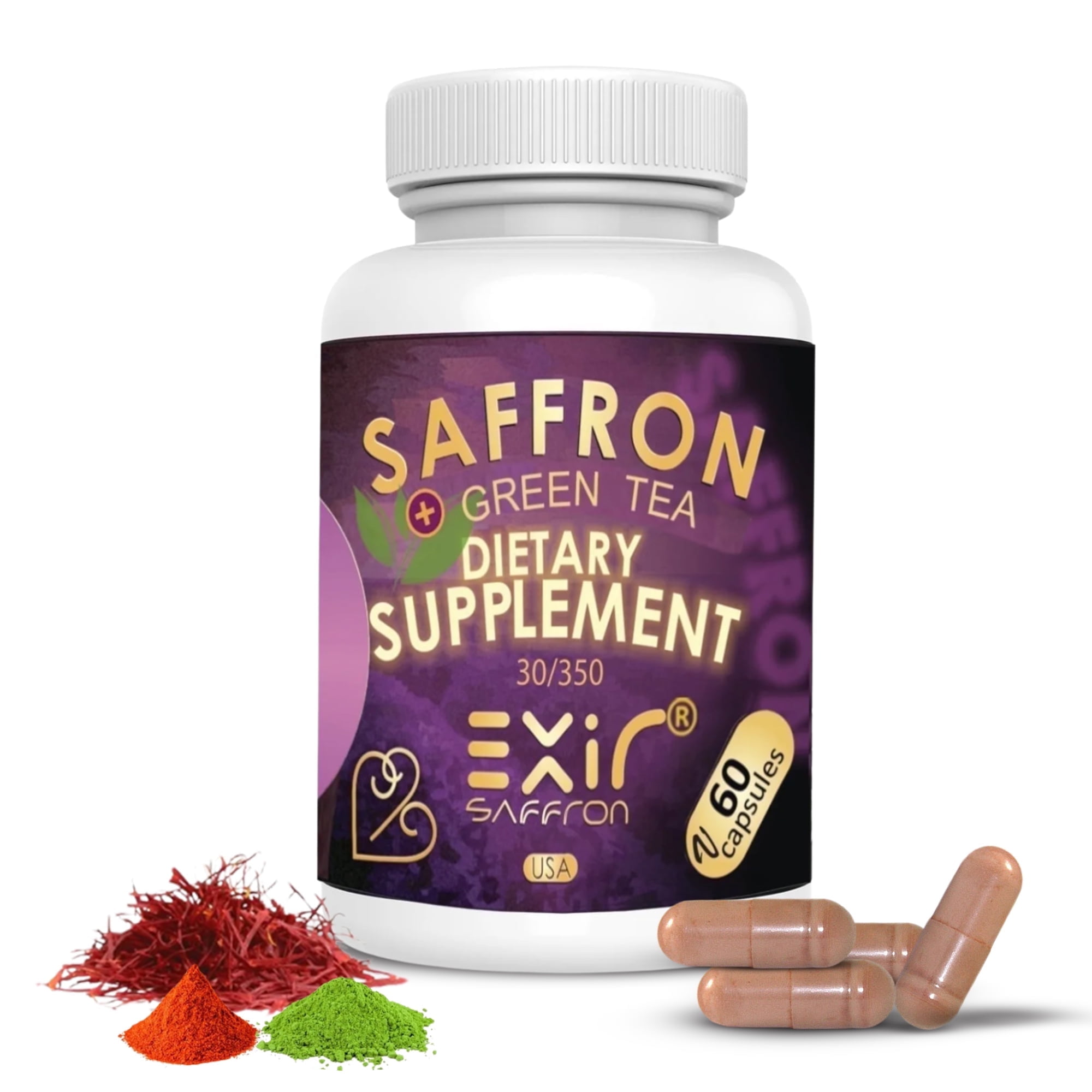 Exir Saffron + Green Tea Supplement, 60 Capsules – Dual Formula for Gut ...